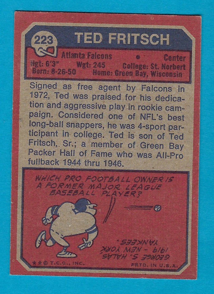1973 Topps NFL Atlanta Falcons Ted Fritsch Football Card #223 | eBay