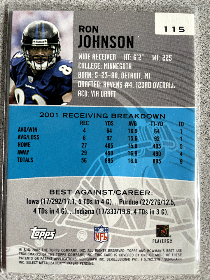 2002 Bowman's Best Ron Johnson Player-Worn Rookie Jersey Card #115 ...