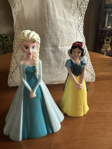 2 Vintage Disney Snow White 7.5'' & Frozen ELSA Plastic Coin Piggy Bank ...