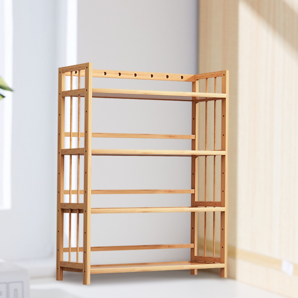 4 Tier Bamboo Shelving Unit, Heavy Duty Adjustable Bookcase Shelf ...