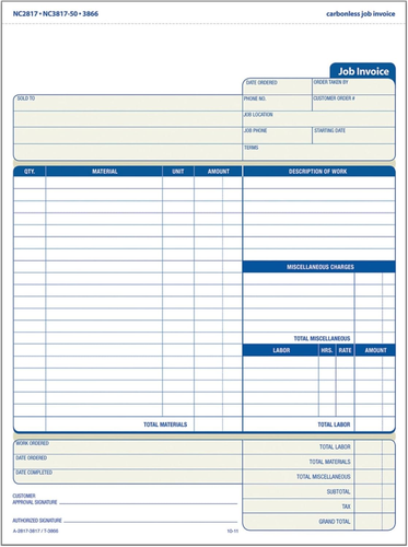 Job Invoice Forms, 2-Part Carbonless, for Service and Repair Billing ...
