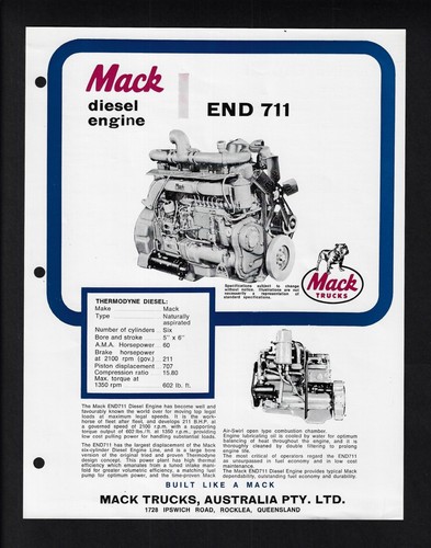 MACK TRUCKS END 711 DIESEL ENGINE 2 PAGE SPECIFICATIONS BROCHURE 1969 ...