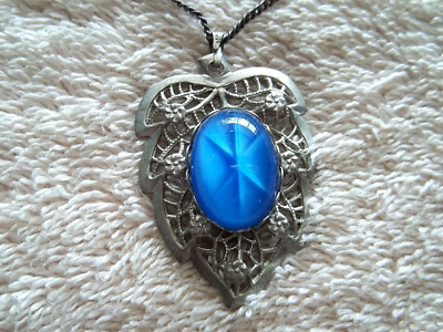 Silver Tone Metal Leaf Pendant w/Faux Blue Cat's Eye Stone, Detailed E8 ...