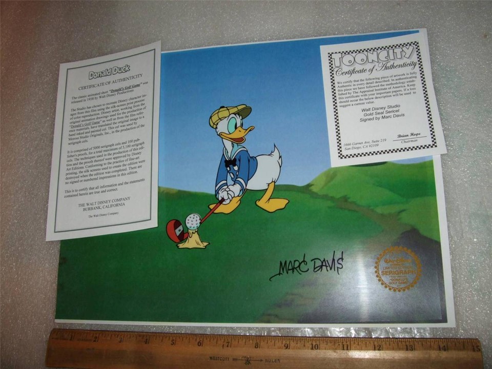 Donald Duck Golf Hand Signed Disney Sericel Cel FREE background MARC ...