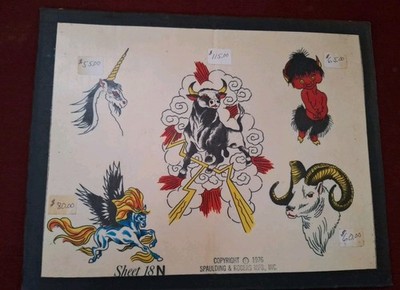 Vintage 1976 Spaulding & Rogers tattoo flash sheet with original ...