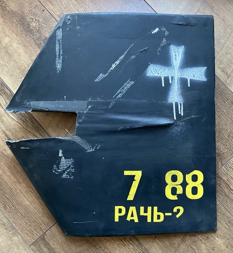Ukraine War relic drone UAV russian Shahed 136b tail fin number shot ...