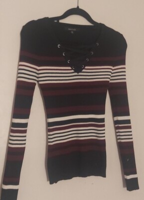 New Look Striped Lace Up Sweater Top Long Sleeve Size L Black White And ...