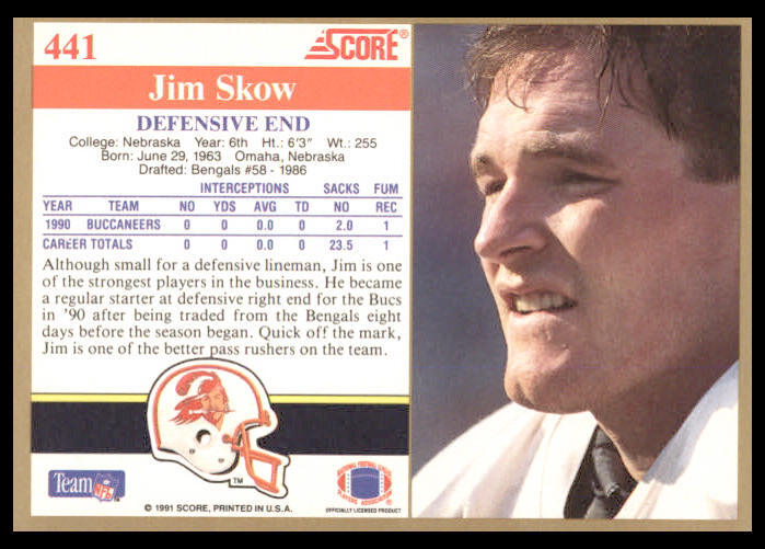1991 Score #441 Jim Skow Tampa Bay Buccaneers | eBay