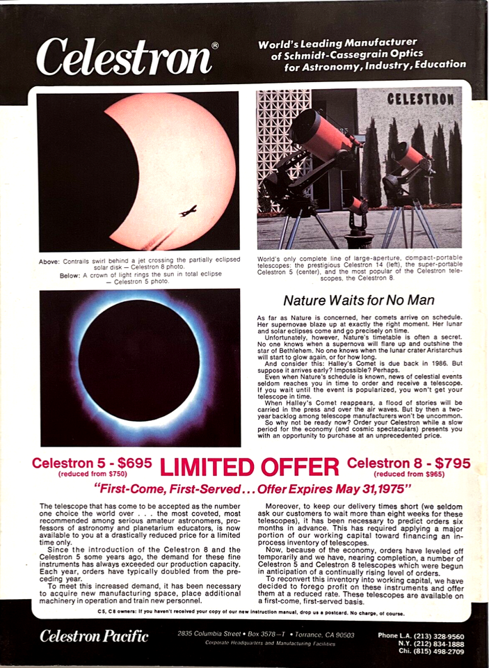 Sky and Telescope May 1975 vintage magazine. Plus Questar 7 inch ...