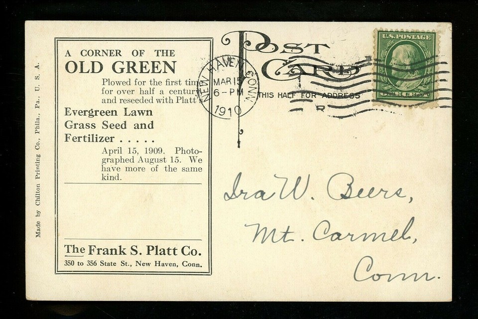 Connecticut CT postcard New Haven Green corner Advertising fertilizer ...