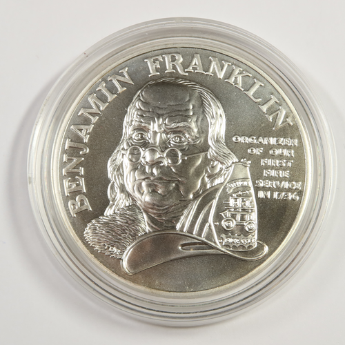 1992 P Uncirculated - 1 oz SILVER Ben Franklin Firefighter Medal ...