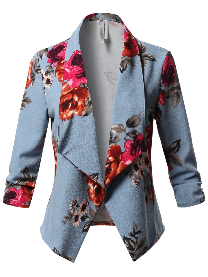 FashionOutfit Women's Solid/Print Stretch 3/4 Gathered Sleeve Open ...