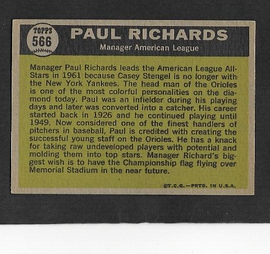 1961 Topps #566 Paul Richards, Sporting News All-Star AS, NM NRMT, High ...