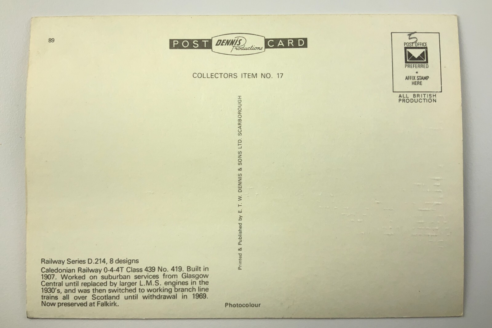 Postcard Caledonian Railway 044T Class 439 No 419 Locomotive Train Z811 ...