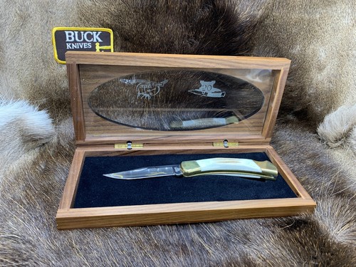 Buck RMEF 110 Folding Hunter Knife With Elk Handles In Walnut Display ...