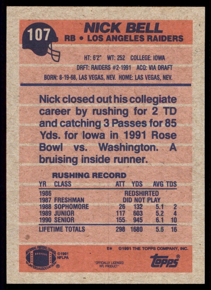Nick Bell 1991 Topps #107b Raiders NFL READ FREE SHIPPING AutographDen ...