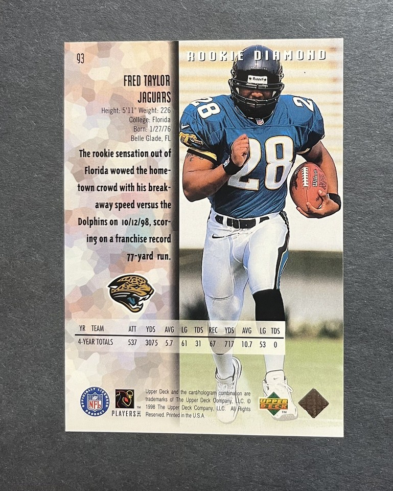 1998 Upper Deck Black Diamond Rookie Edition Fred Taylor #93 Rookie RC ...