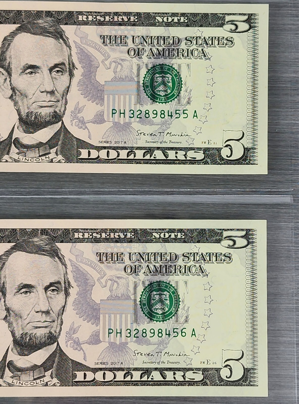 SET of 2 US $5 2017A Five Dollar Bill Banknote Consecutive Serial ...