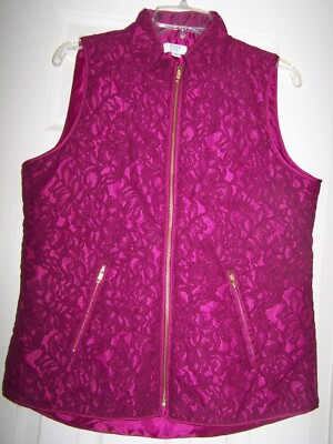NWOT Crown & Ivy Womens Medium Raspberry Lace Vest Puffer Gold Zip ...