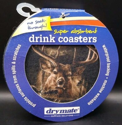 4 Absorbent Drink Coaster Set 4" Stag Deer Dry-Mate Waterproof Backing ...