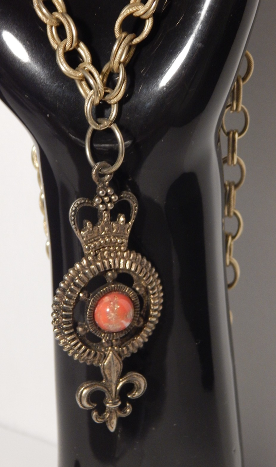 Vtg Steampunk Medal Gold Tone Necklace with Crown and Fleur-de-lis Red ...