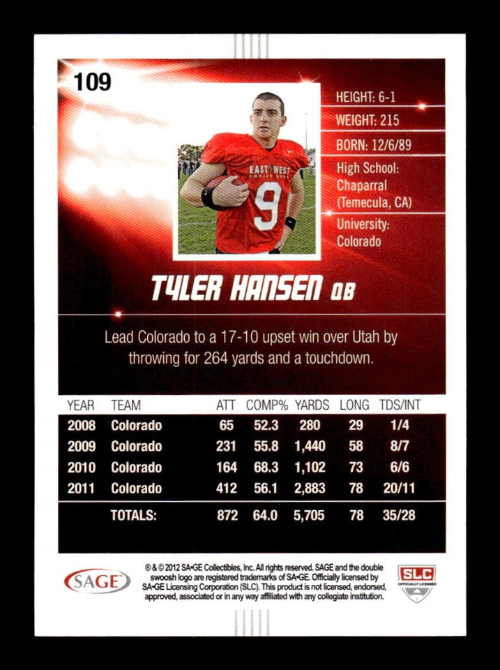 2012 SAGE HIT Tyler Hansen #109 | eBay