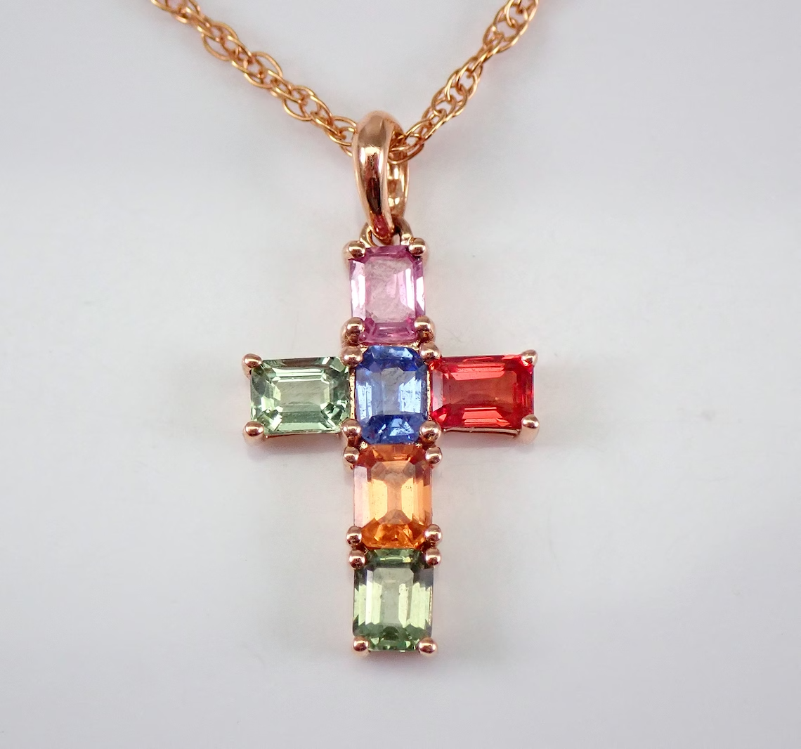 1.50Ct Emerald Cut Lab Created Multi Color Cross Pendant 14K Rose Gold ...
