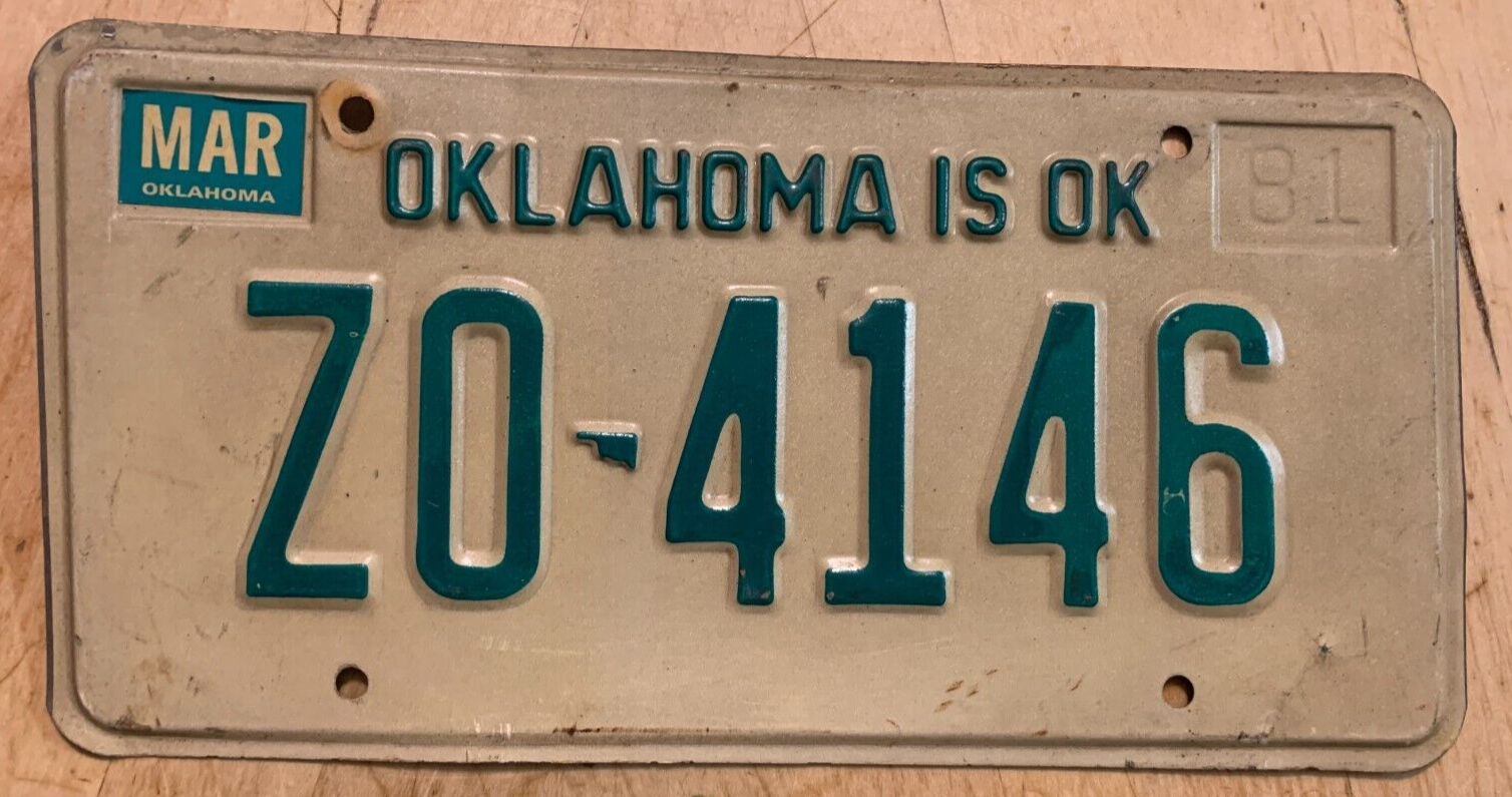 1981 OKLAHOMA IS OK PASSENGER AUTO LICENSE PLATE " ZO 4146 " OK 81 ...