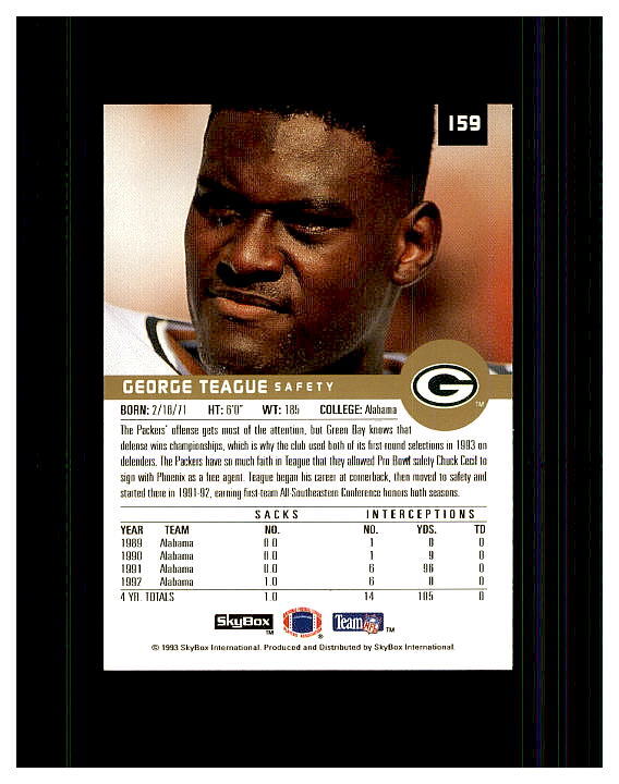 1993 SkyBox Premium Football Card #159 George Teague RC GREEN BAY ...