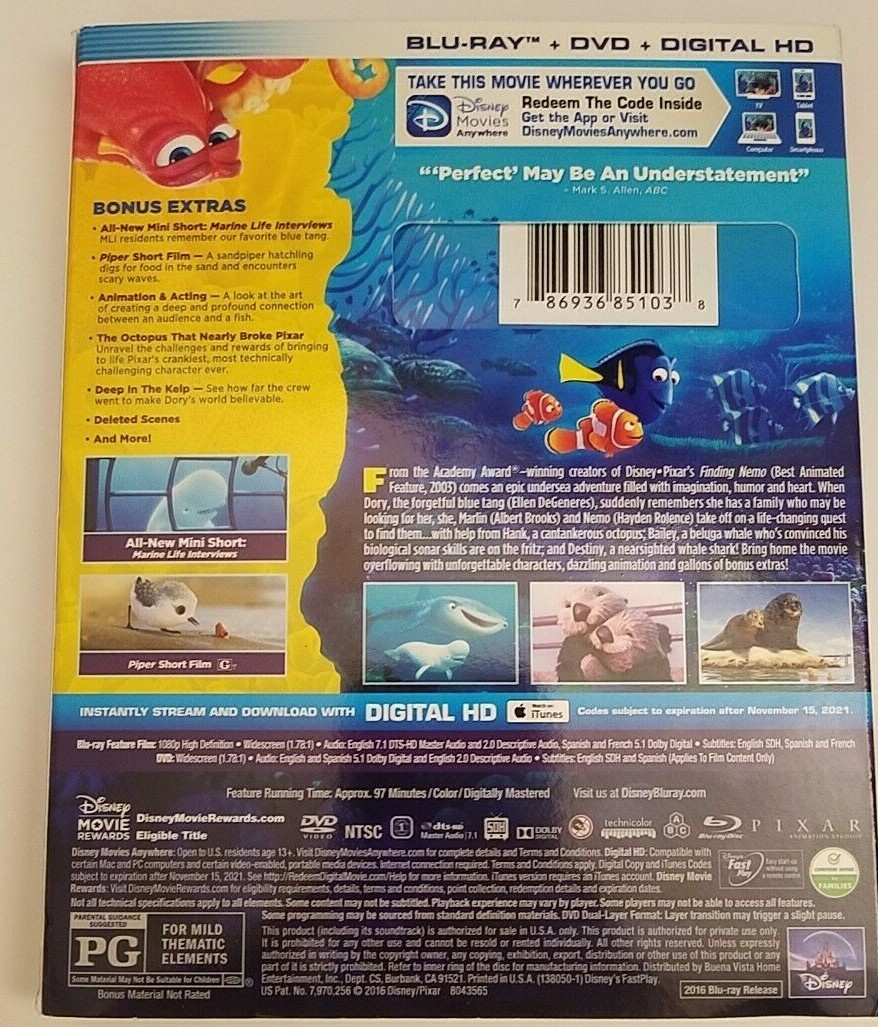 Finding Dory Blu-ray + DVD Movie Set 786936851038| eBay