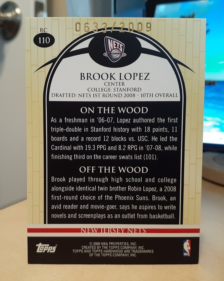 08-09 BROOK LOPEZ TOPPS HARDWOOD ROOKIE #/2009 STANFORD CARDINAL ...