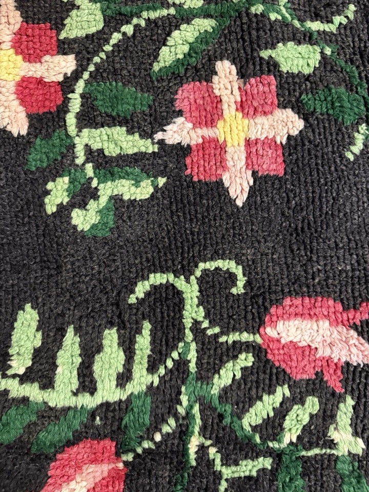 Antique Floral Hooked Rug Flowers Floral on Black Background 27" wide x ...