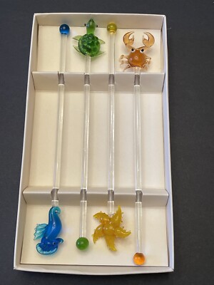4 Glass Swizzle Sticks Drink Stirrers ~ Sea Life Crab Starfish Turtle ...