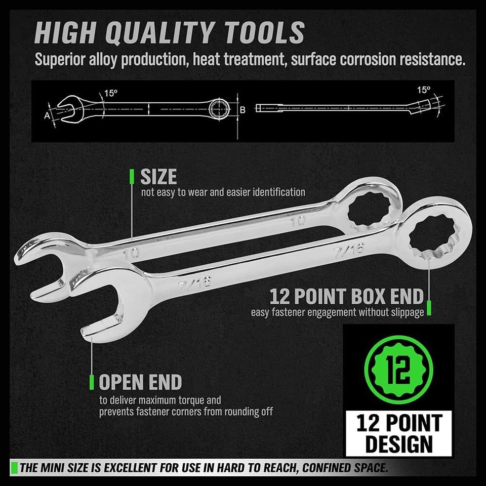 22 pc Mini Wrench Set Metric SAE Ignition Spanner Open End and Box End ...