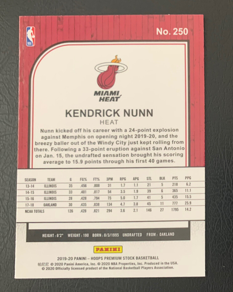 Kendrick Nunn 2019-20 Panini Hoops Premium Rookie Card (no.250) RC | eBay