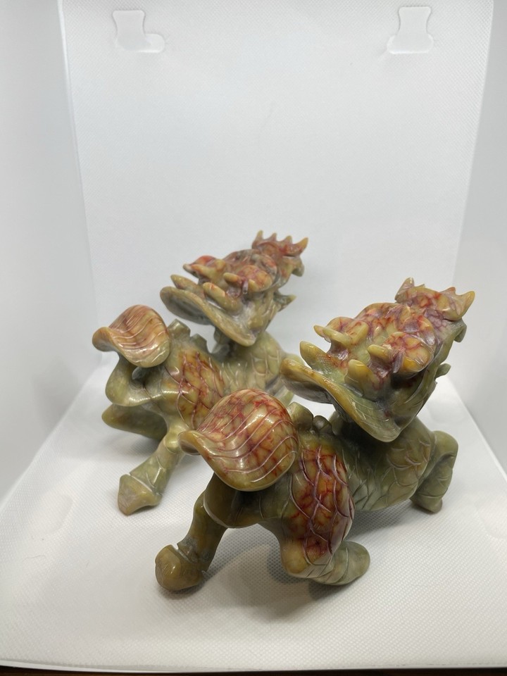 Pair 6” Jade Carved Chinese Pi Xiu - Pi Yao Protector Red Green Feng ...