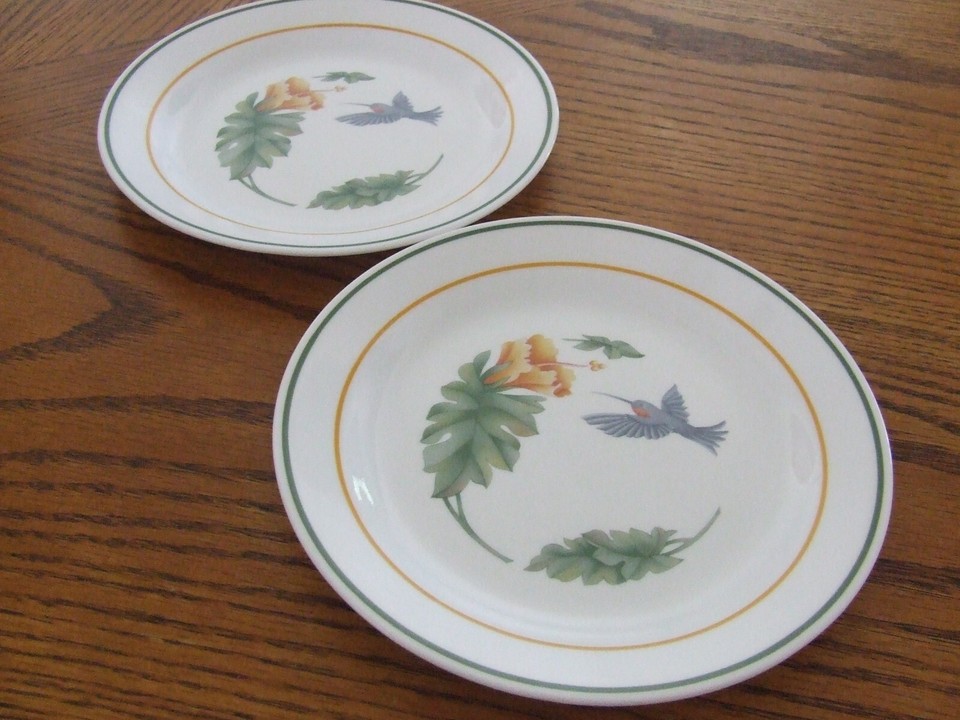 Corning Corelle HUMMINGBIRD HIBISCUS 2 Dessert plates & 2 Bowls ...
