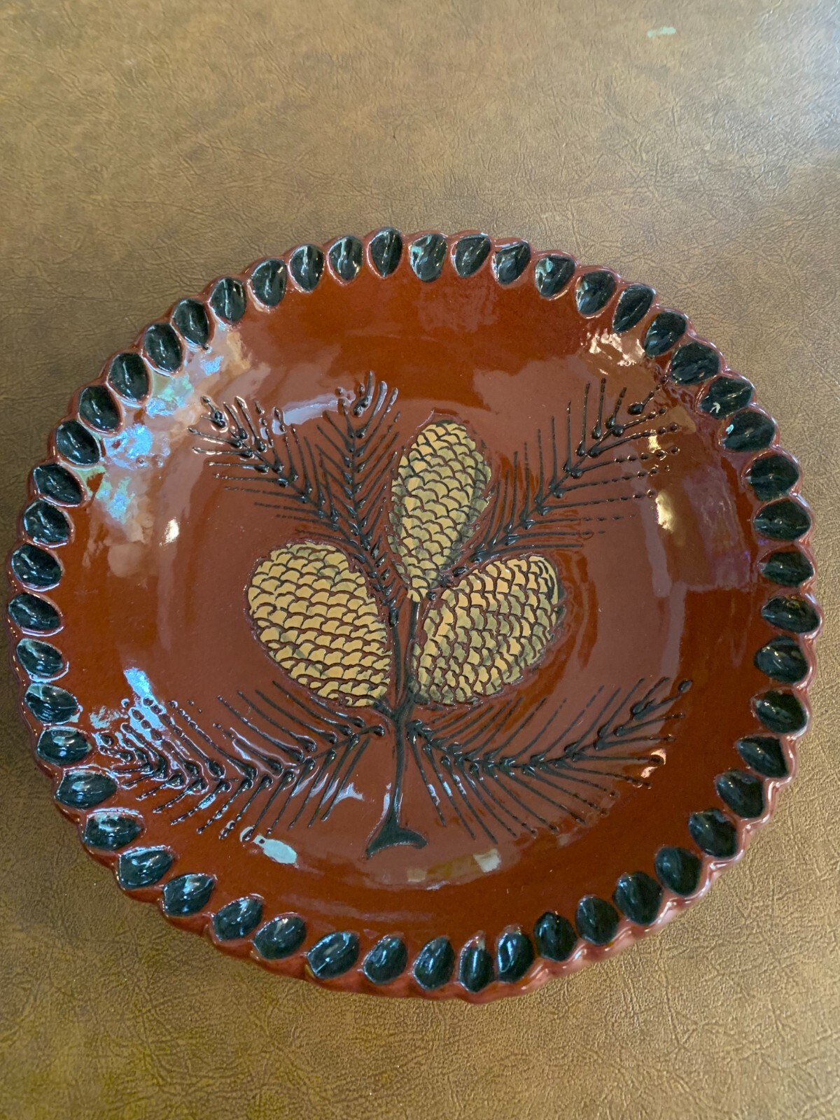 1998 Eldreth Redware 8 1/2” Bowl Pie Crust Edge Pine Cone Pinecone ...
