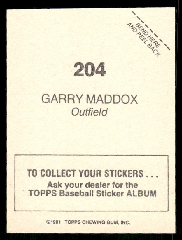 1981 Topps Stickers #204 Garry Maddox Philadelphia Phillies | eBay