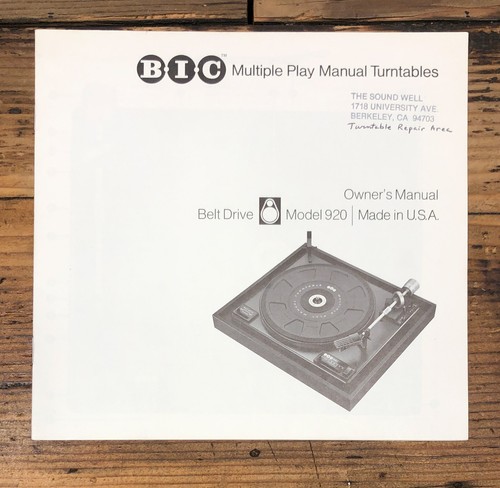 BIC Model 920 Record Player / Turntable Owner / User Manual *Original ...