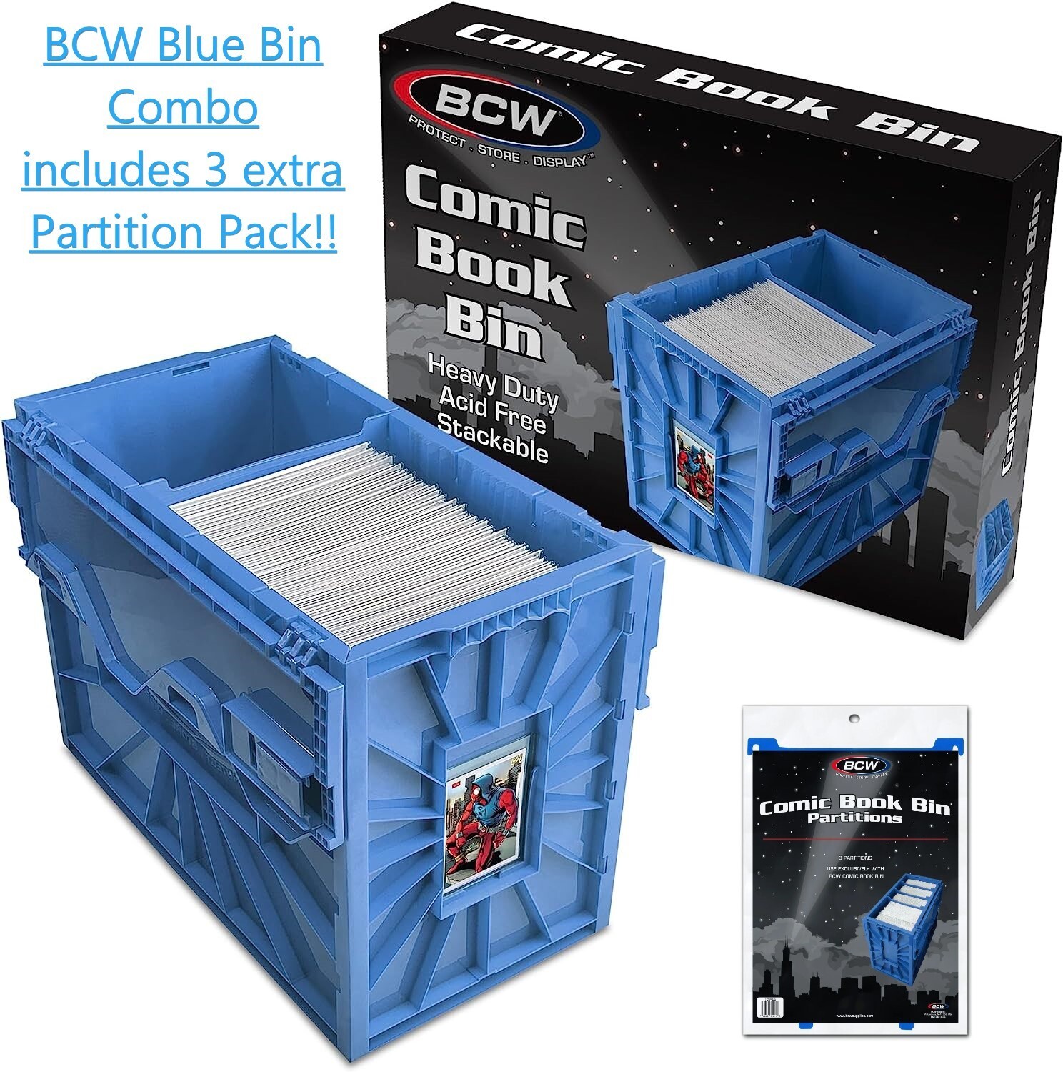 1 BCW Blue Short Comic Book Bin Heavy Duty Acid Free Plastic Box + 3 ...