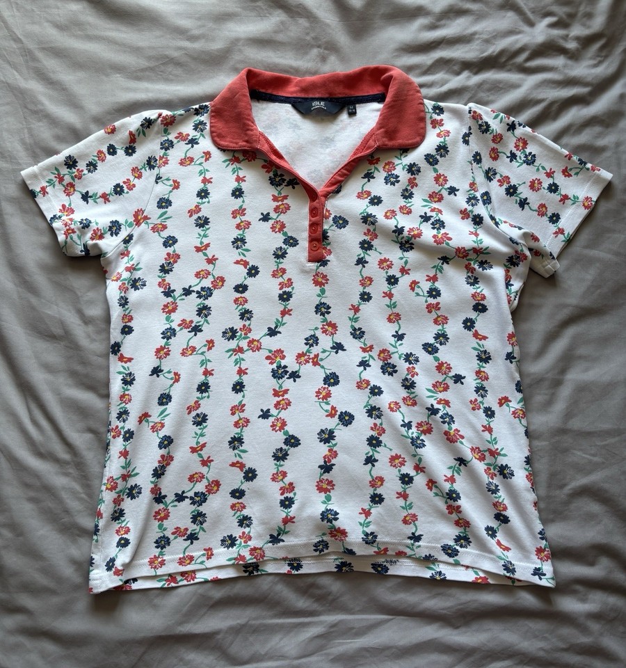 ISLE Essentials Women's White Floral Print Polo Top Size M 14 /16 Short ...