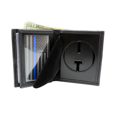 Perfect Fit 2.5" Round Cutout Badge Wallet Police Black Leather Bifold ...