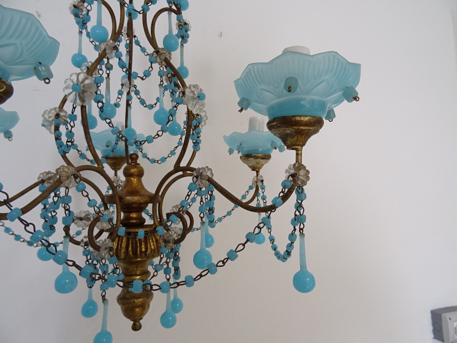 ~French Murano Blue Bobeches Drops & Beads Opaline Beaded Chandelier, c ...