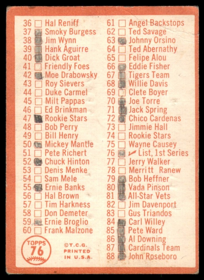 1964 Topps Checklist 1st Series (Marked) #76 VG (Wrinkle) | eBay