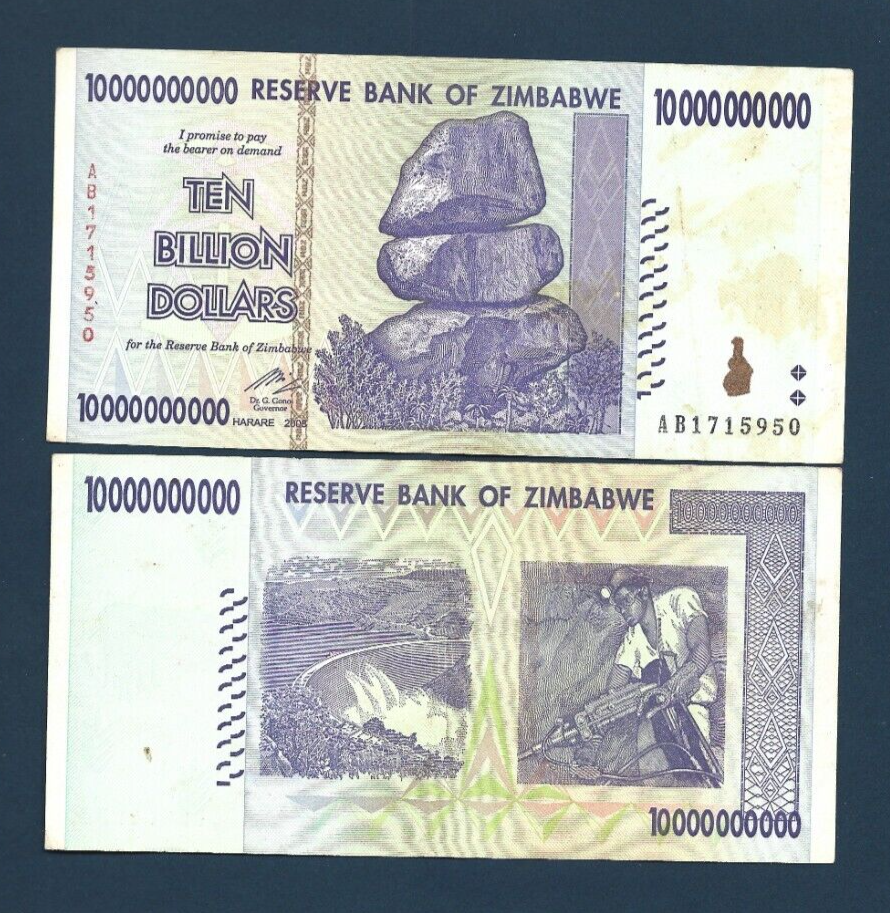Zimbabwe 10000000000 DOLLARS P-85 2008 10 BILLION 50 & 100 Trillion ...