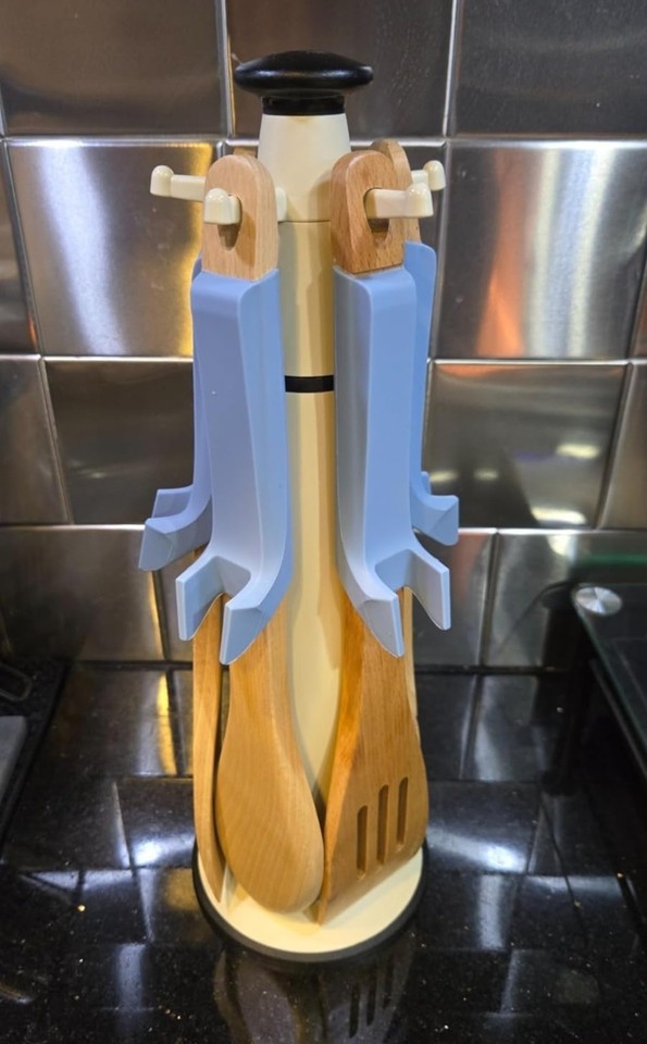 5pc Beech Wooden Cooking Utensils Set w/Stand & Built-In Spoon Rests ...