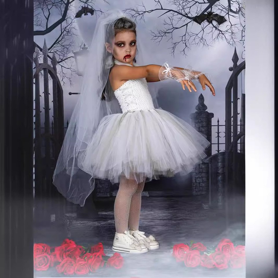 2026：New Halloween Kids Girl Ghost Bride Dress Veil Cosplay Costume ...