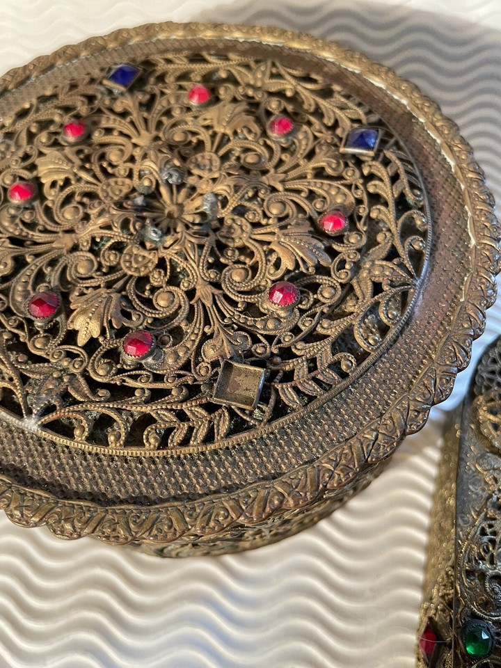 Antique Jeweled Powder Box Jar Dore Bronze Lid Filigree Glass Liner + 1 ...
