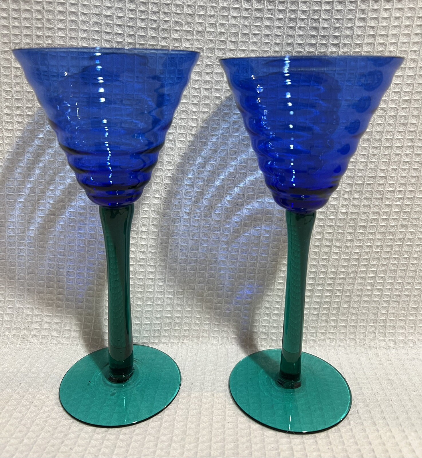PIER 1? Ribbed/Rippled Cobalt Blue Glass/Green Stem-Sherry Goblet/Wine ...